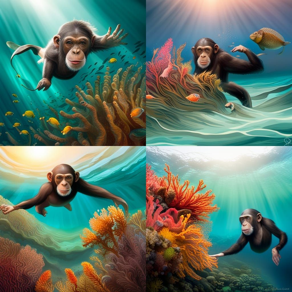 Chimp swimming in ocean with fish and coral - AI Generated Artwork ...