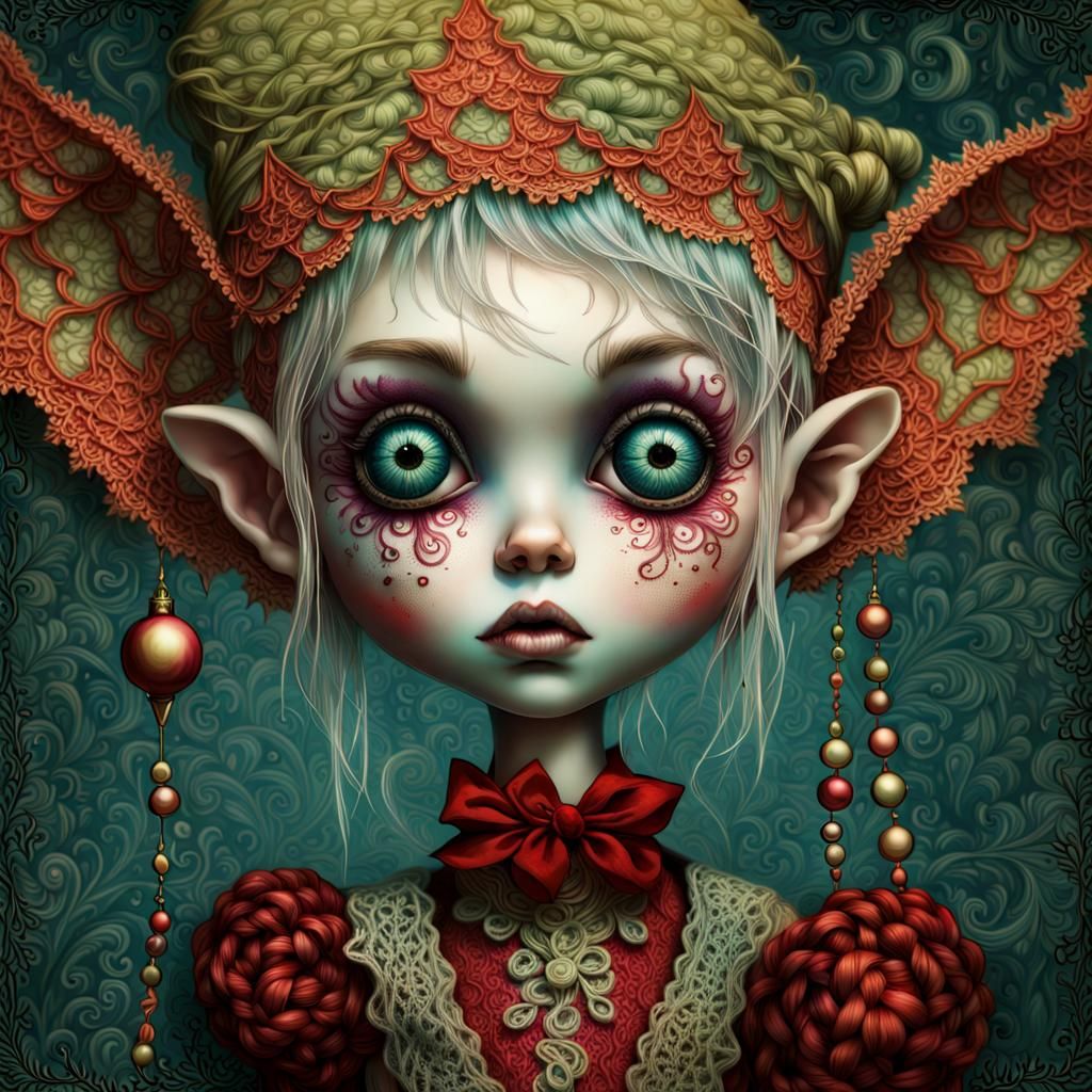 digital art of a big-eyed gothic christmas elf doll, by benjamin ...