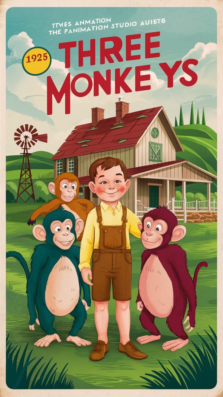 Theater poster art. 1925 animation studio production of “Three Monkeys”. featuring a boy with ...