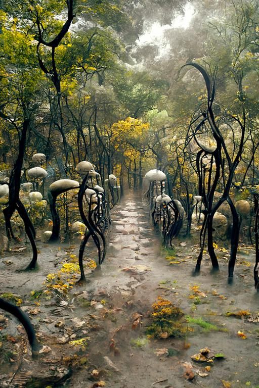 "Eldritch forest path in rain" by Peter Gric, HR Giger, Dan Witz, Jean ...