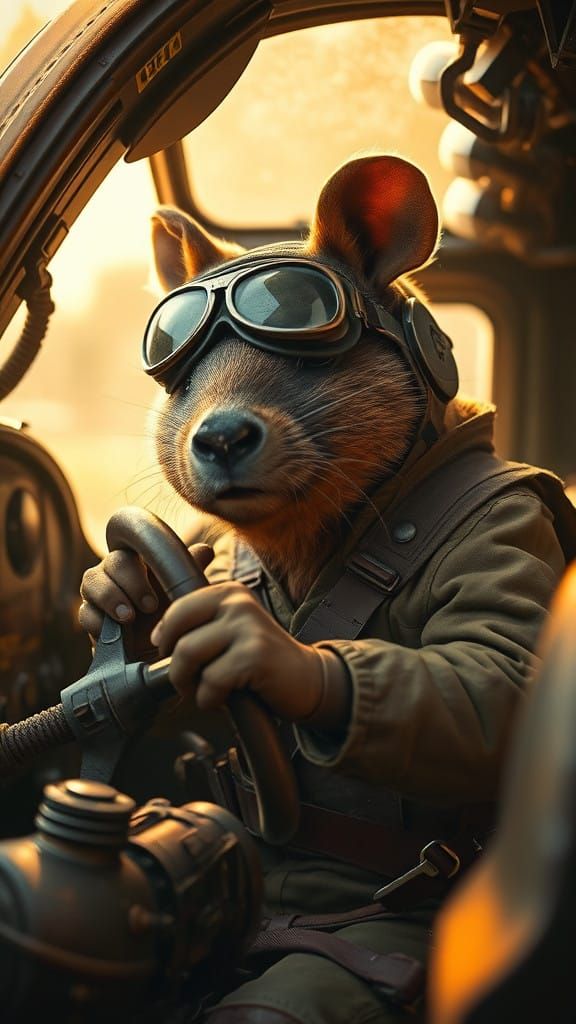 cinematic film still, angry capybara as early 20th century ww1 pilot ...