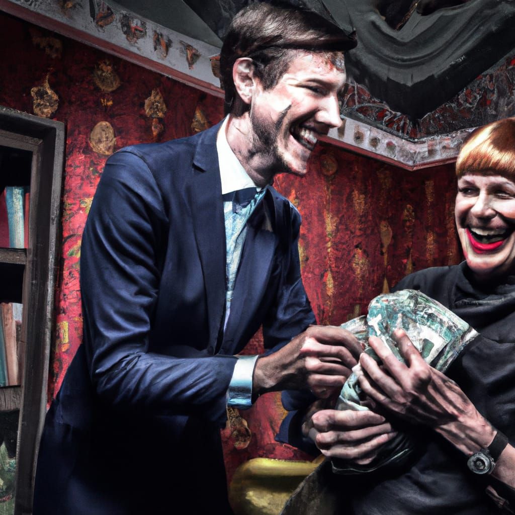 Rich evil grinning banker stealing money from a crying distraught ...