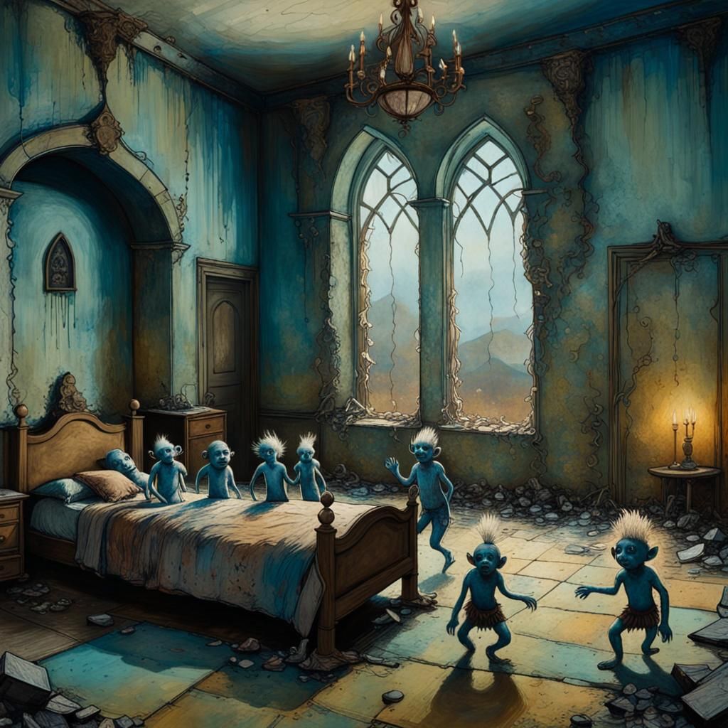 blue trolls invaded a dilapidated castle room - AI Generated Artwork ...