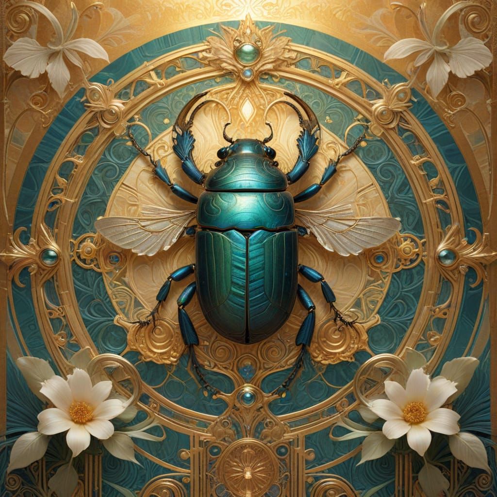 Scarab on Papyrus with Dreamy Egyptian Scene in Ar... - AI Art