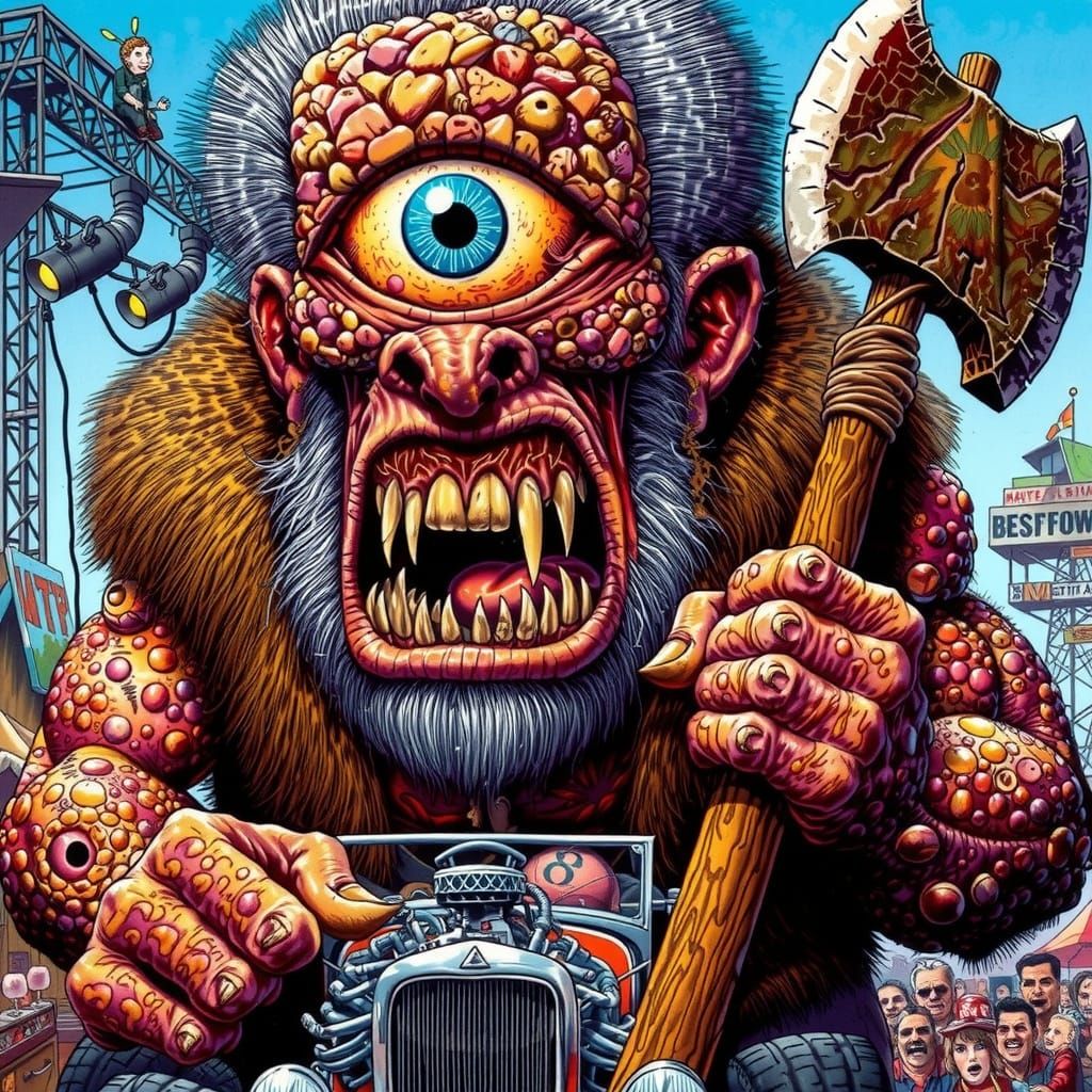 Psychedelic Cyclops Rides T-Bucket Hot Rod onto Be... - AI Art