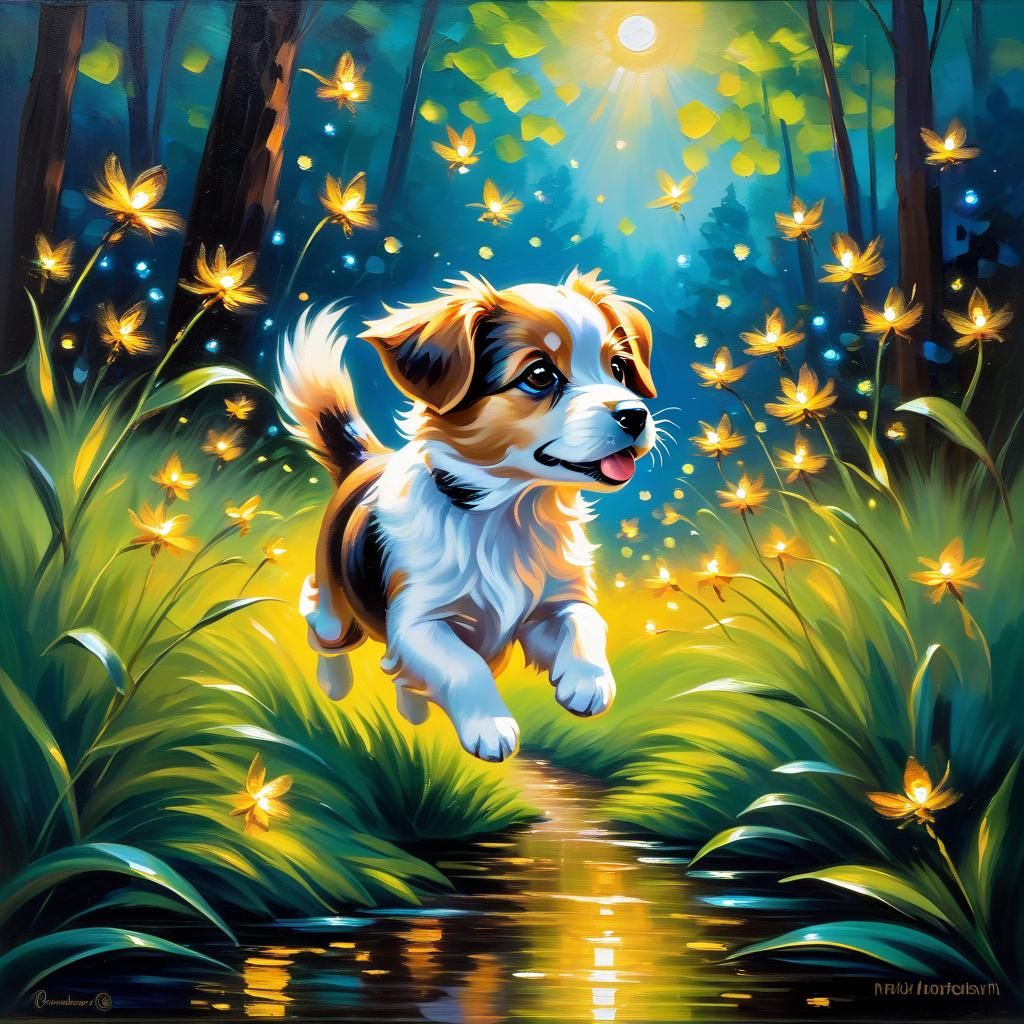 a cute little dog playing with the fireflies - AI Generated Artwork ...