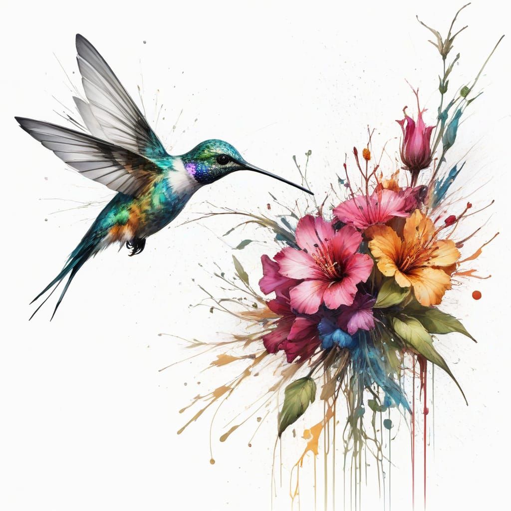 Whimsical Hummingbird amidst Tubular Flowers in Dreamlike Wa...