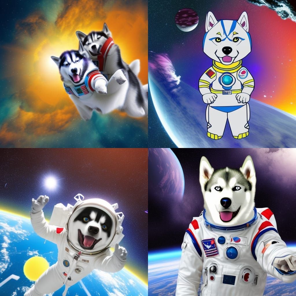 a husky dog astronaut floating in space in his space suit, anime ...