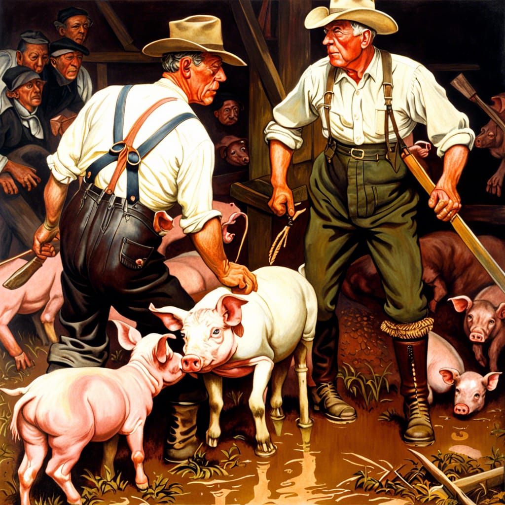 Norman Rockwell Style Painting of deranged farmers fighting in mud - AI ...