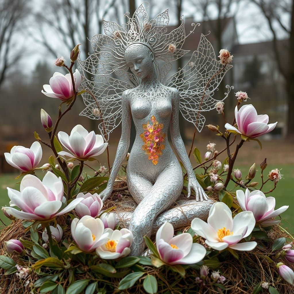 Ethereal Land Art Sculpture with Silver Figure - AI Art