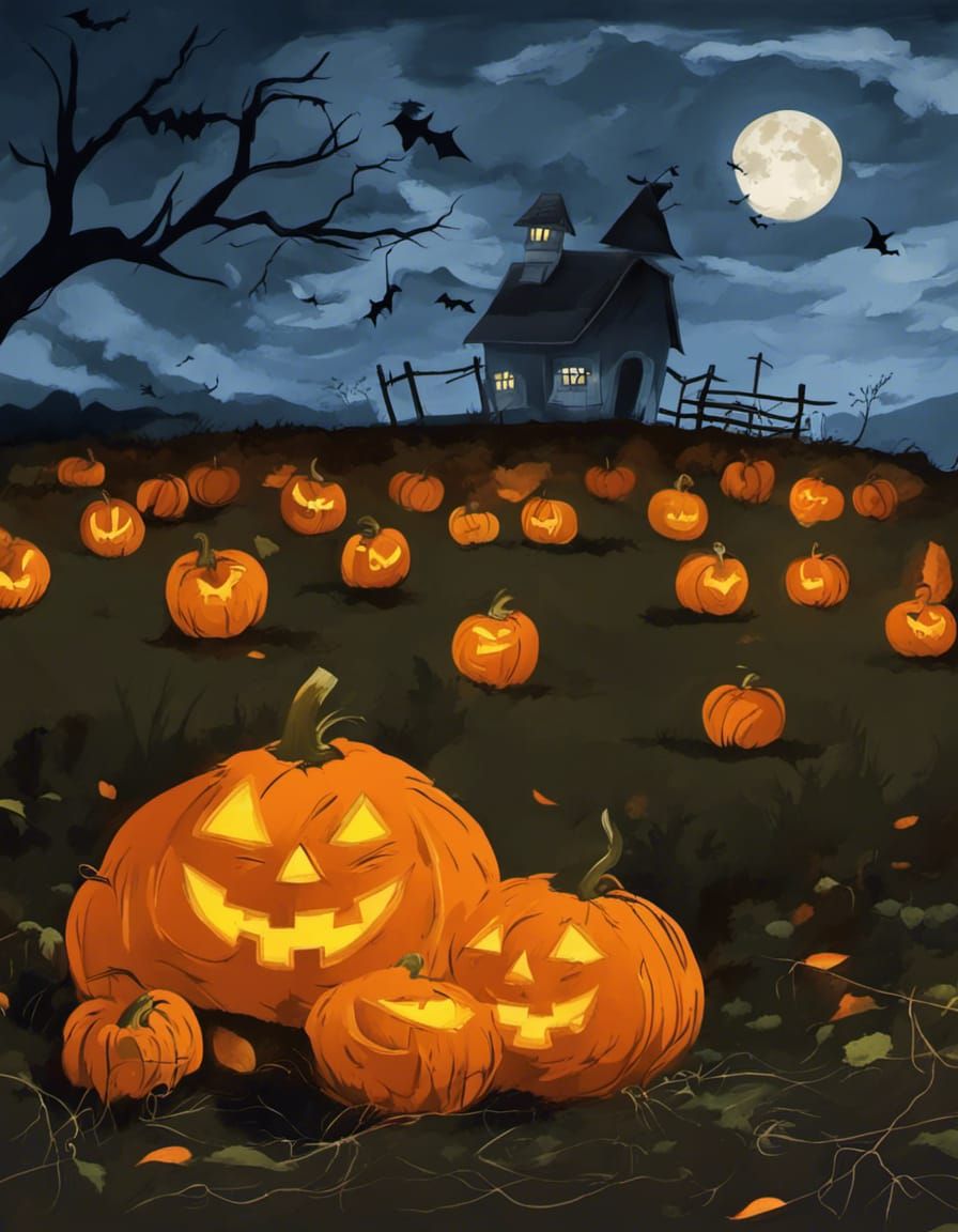 Pumpkin Patch drawing with scarecrow, Halloween Styled, Dark gloomy ...