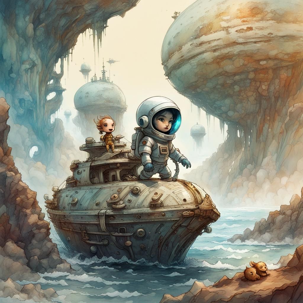 "Spaceman Chibi Character on alien planet riding lustrous seas on a ...