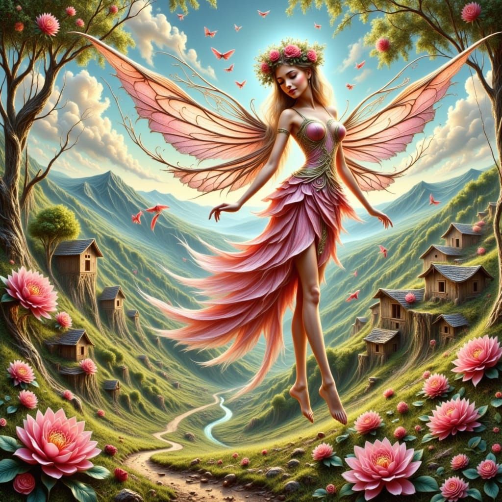 Pink fairy, flying through the forest over her village