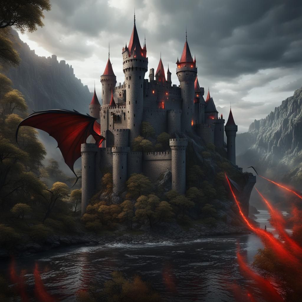 A big dark medieval castle with 4 young Dragons playing on the grounds ...