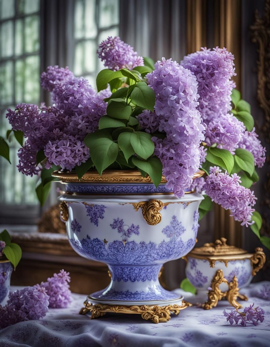 +masterpiece, rococo porcelain pot with lilac syringa vulgaris flowers ...