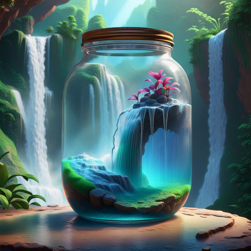 beautiful waterfall in a glass jar - AI Generated Artwork - NightCafe ...