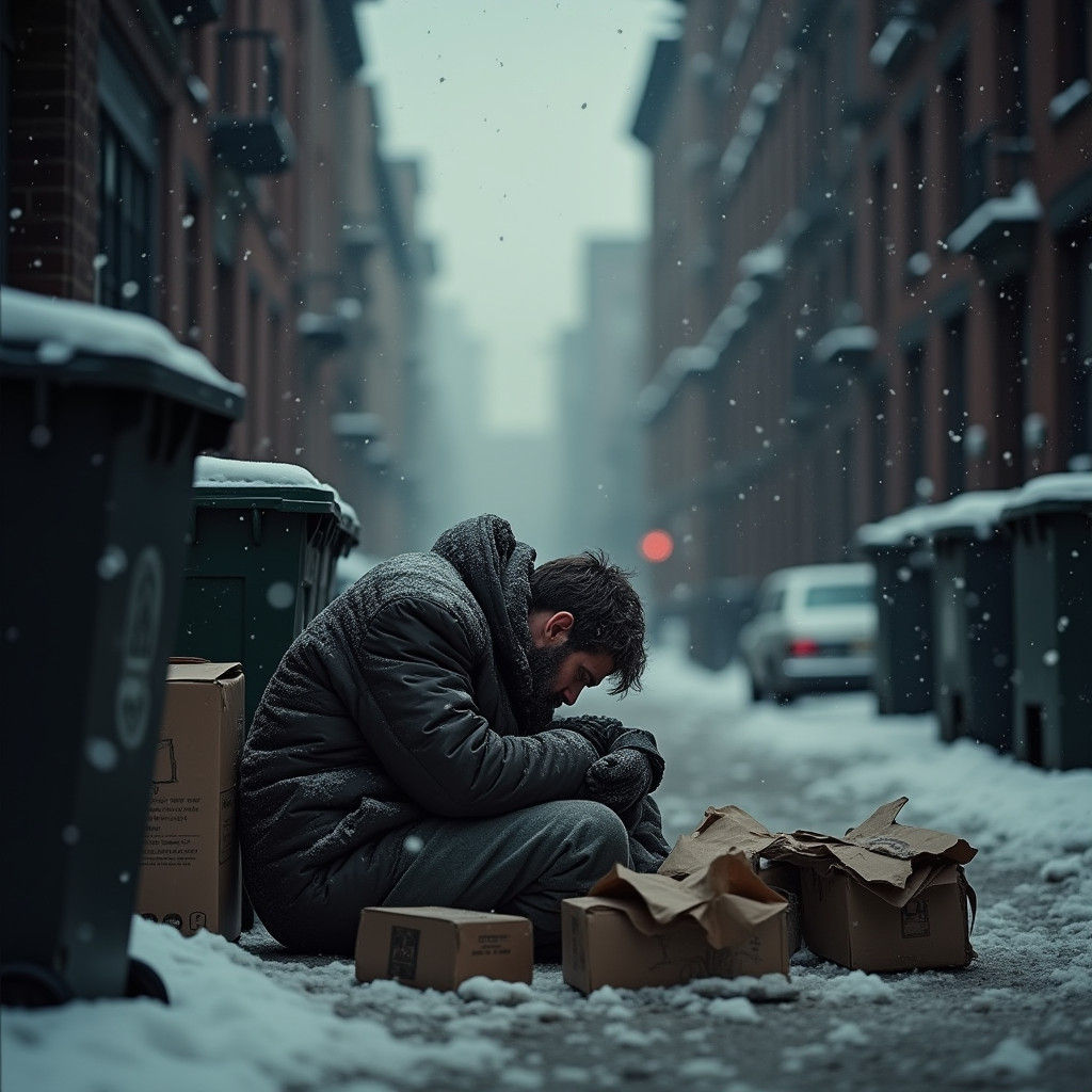 Homeless Man in Alleyway, Surrounded by Snow and D... - AI Art