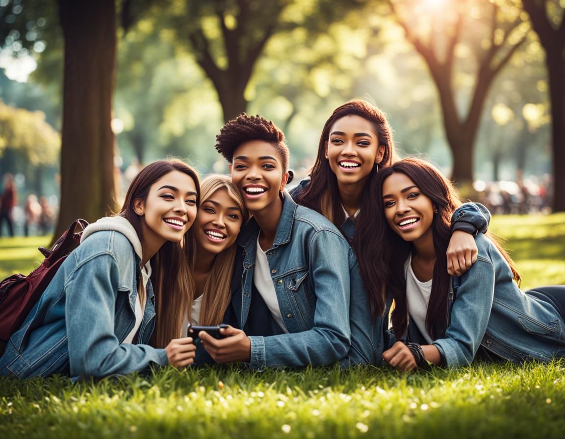 A group of teenage friends having fun hanging out together in the park ...