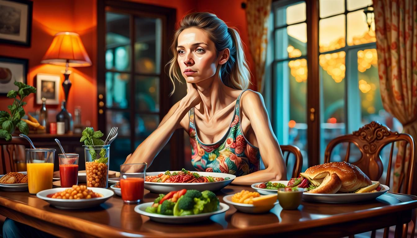 lady too skinny for her own good sitting at dinner table full of food ...
