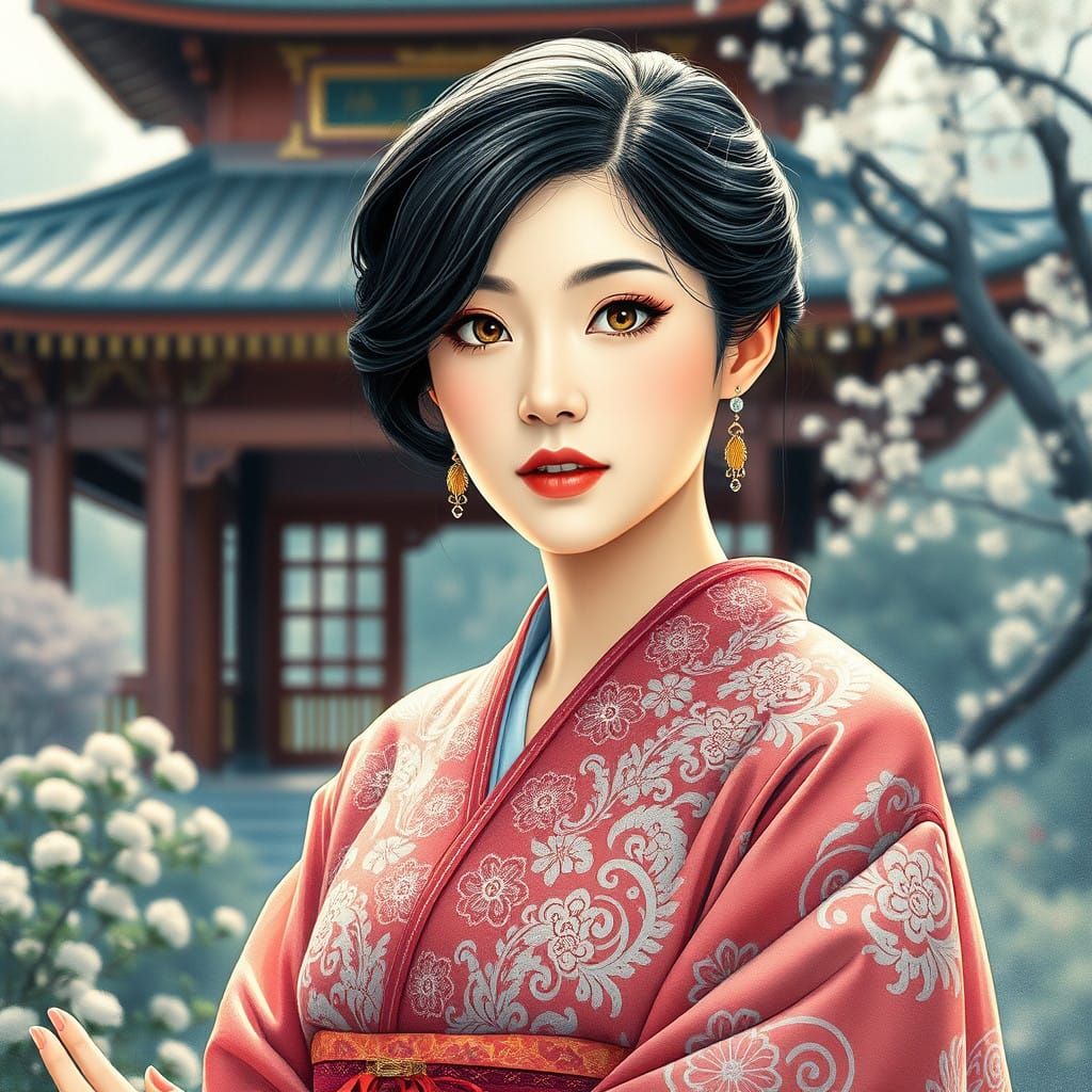 Ethereal Lady in Serene Pagoda Garden - AI Art