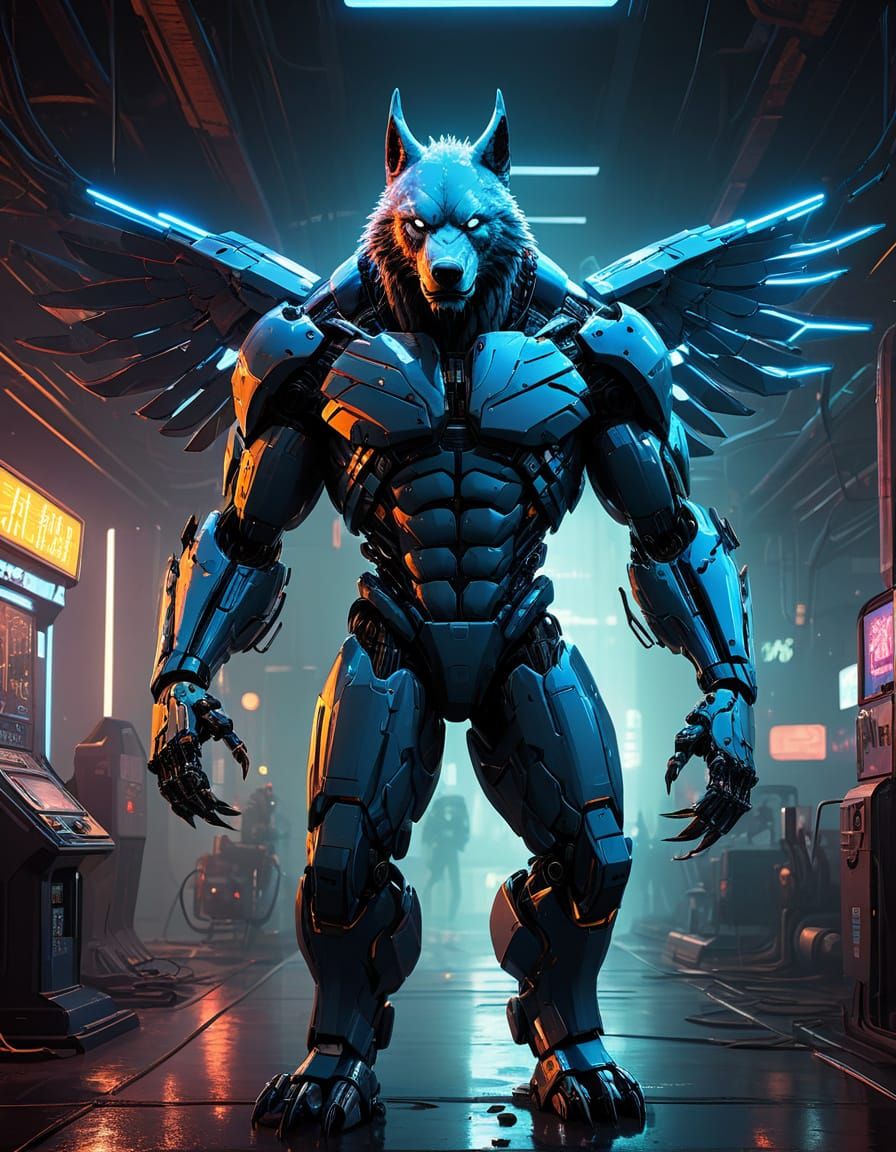 Neon Blue Werewolf Robot in Retro-Futuristic Gym - AI Art