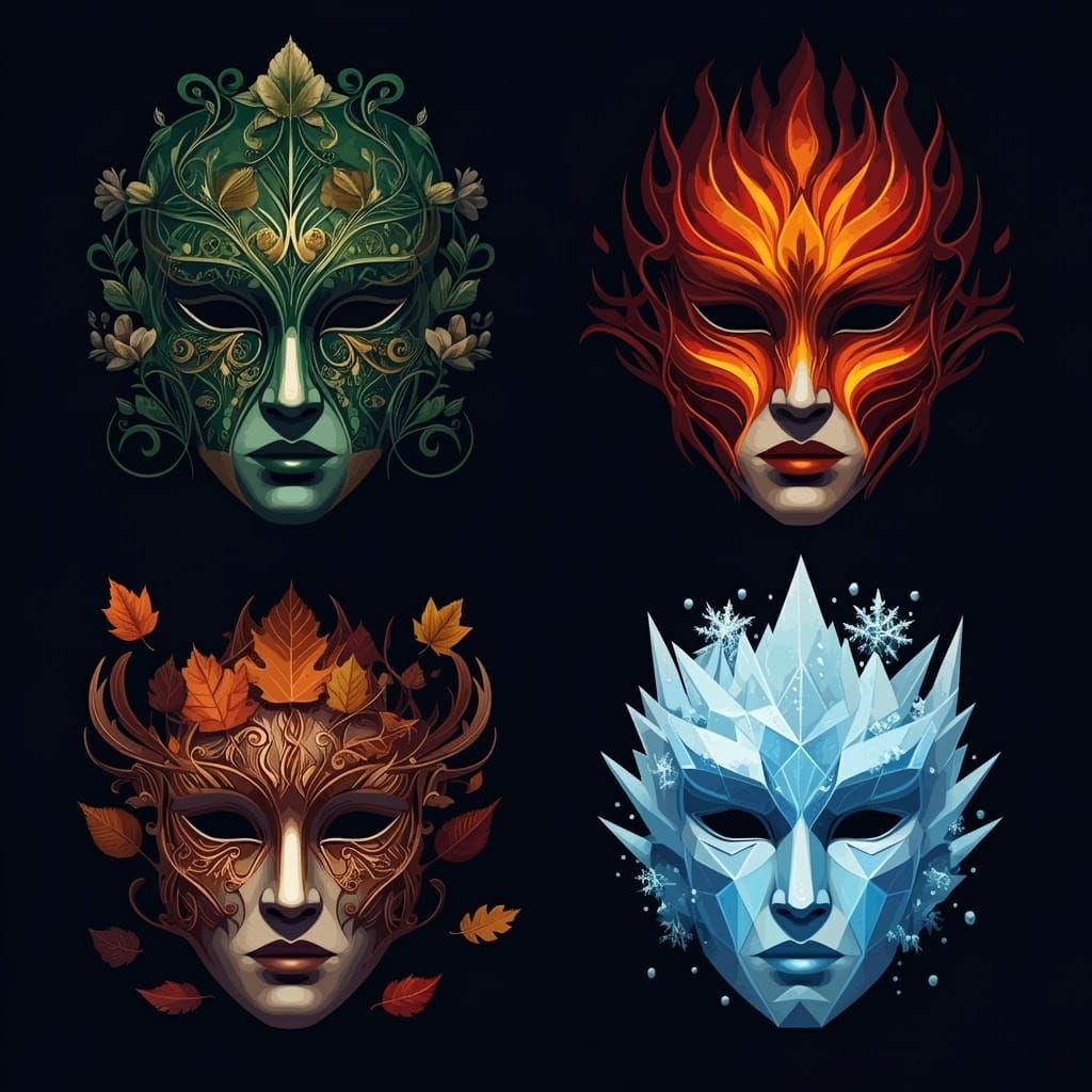 A set of four intricately designed masks representing the elemental ...