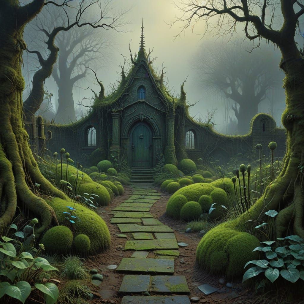 Misty Horror Garden with Winding Path - AI Art
