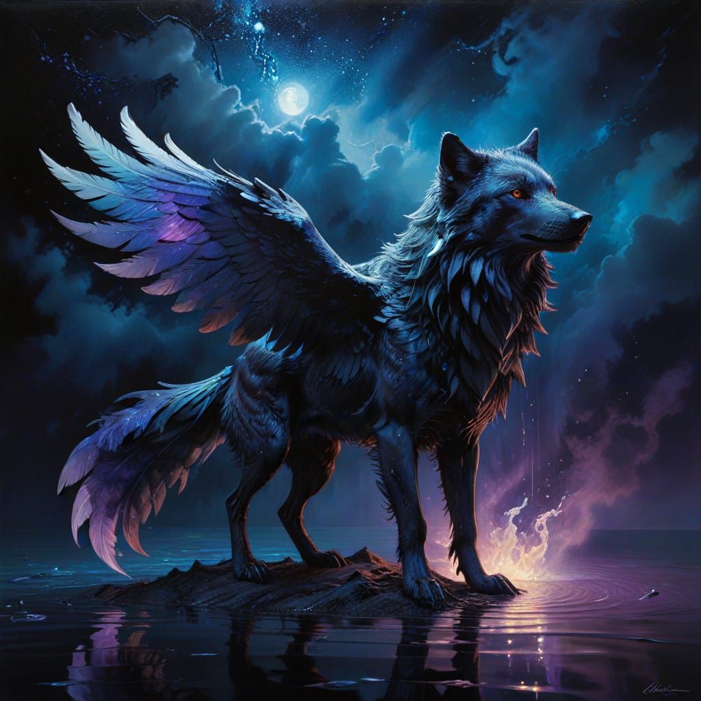 Wolven 2 - Celestial Wolf-Raven Hybrid in Hyper-Realistic Sp...