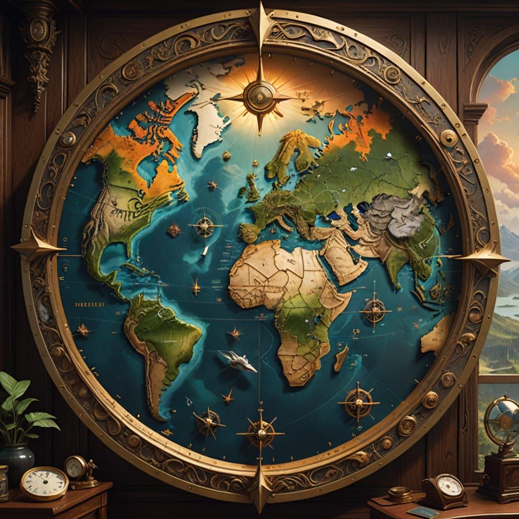 Ethereal World Map with Compass Rose and Clocks in... - AI Art