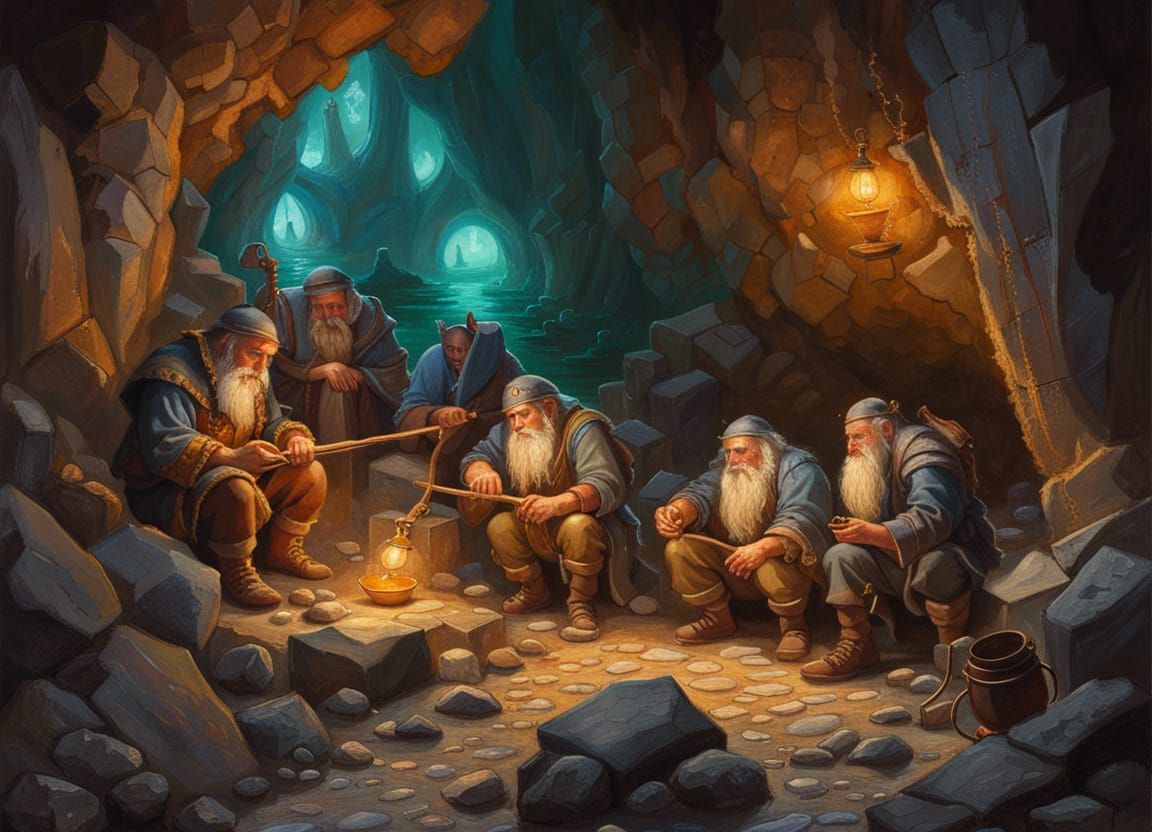 Dwarves mining gemstones in a cave... They must be on break or ...