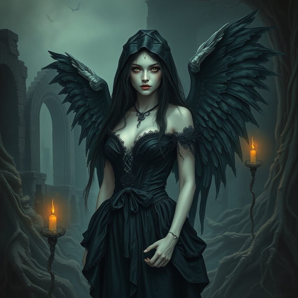 Gothic Fallen Angel - Ethereal Gothic Siren Amidst Ruins