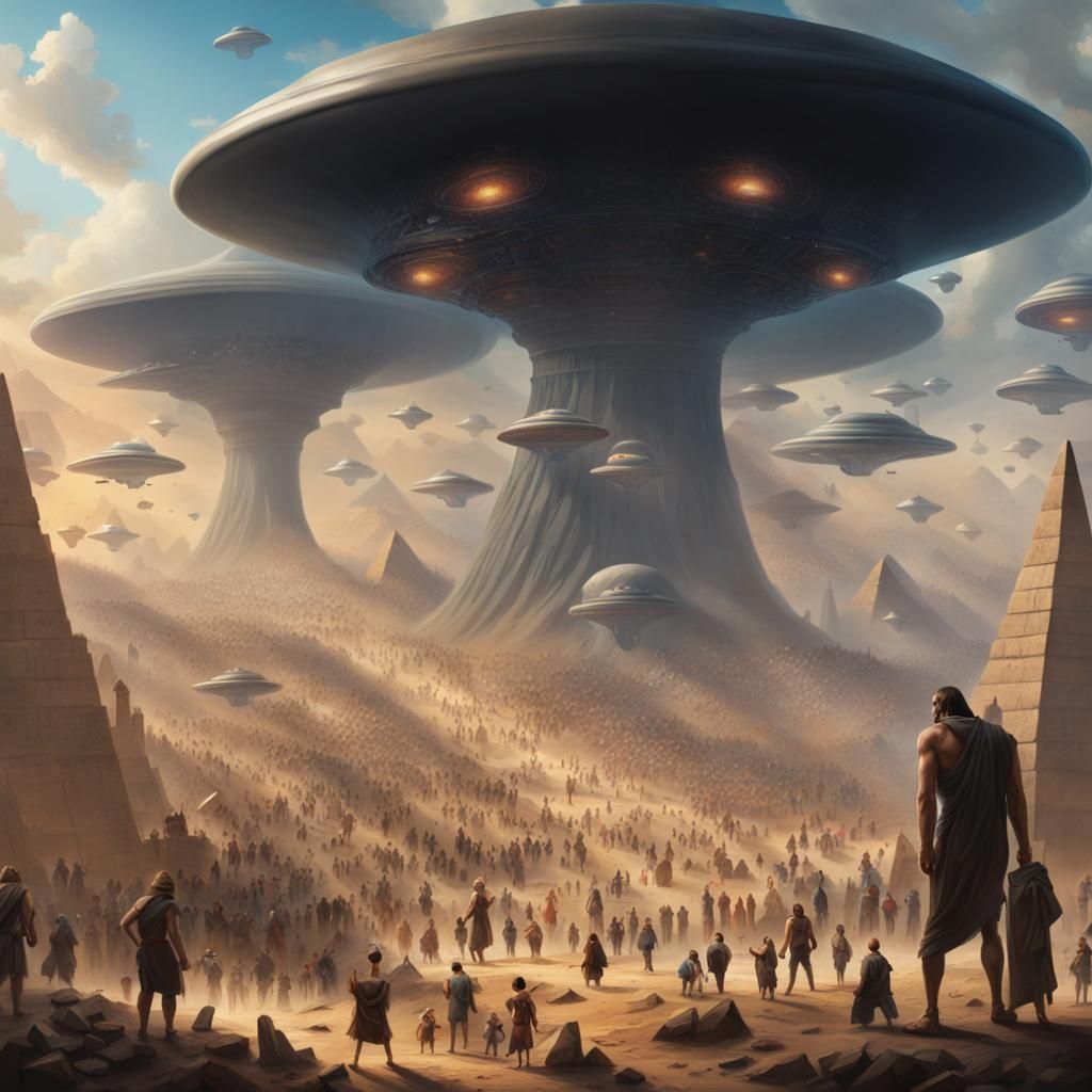 "A 4K Ultra oil painting of many black colossal titans and giants and ...