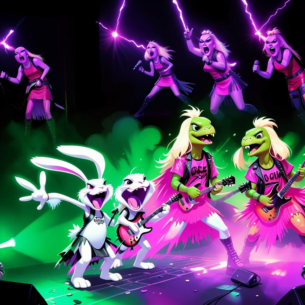 Heavy Metal White Rabbit Rocks with Turtles in Neo... - AI Art