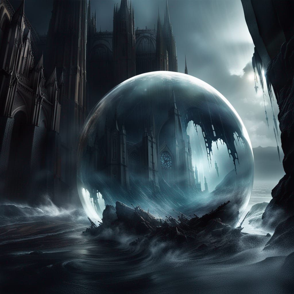 gothic cathedral near a cliff, dark with a sinister light. The sea ...