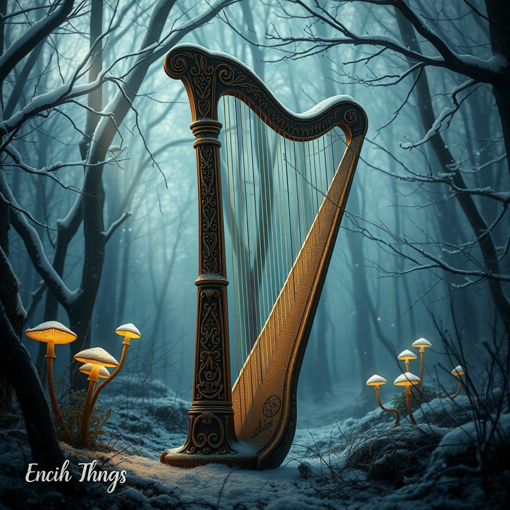 Renaissance Harp in Winter Celtic Forest Scene - AI Art