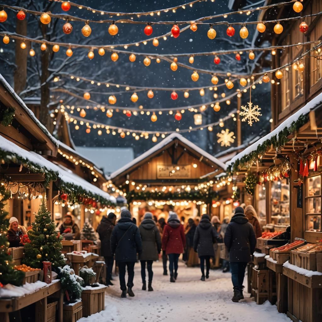 Christmas market with festive stalls and lights, realistic photo style