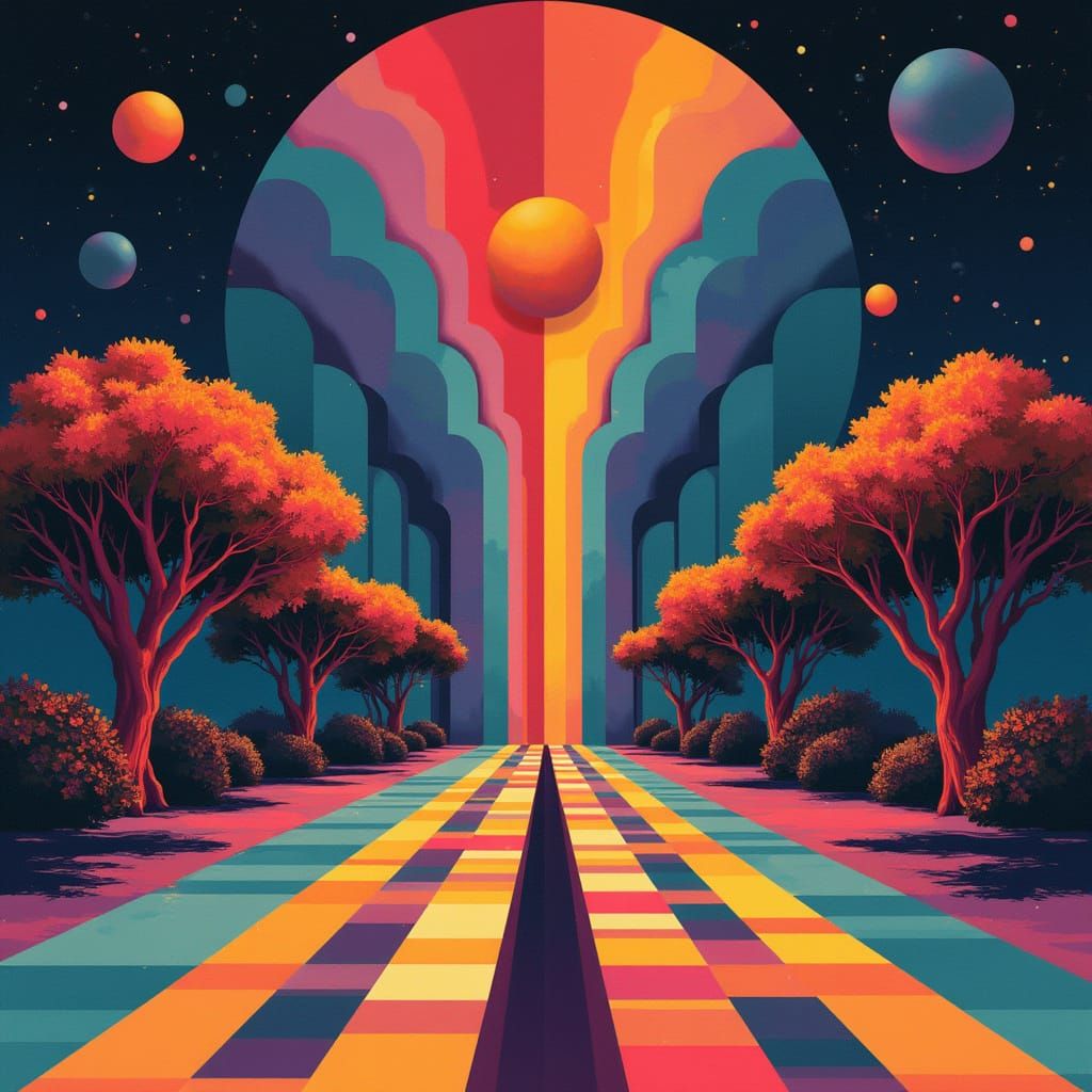 Vibrant 80s Liminal Scene in Triadic Colors and Ge... - AI Art