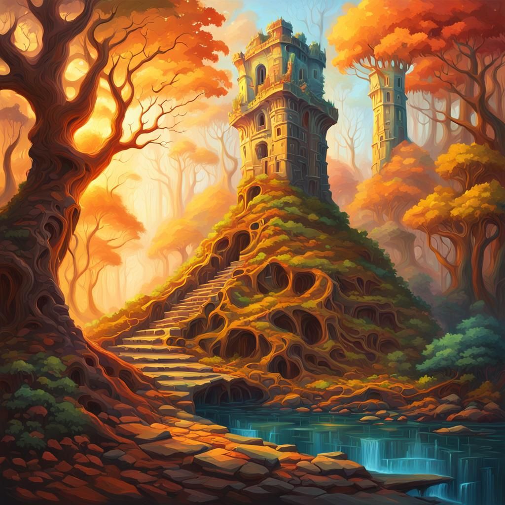 Fallen Tower - Ancient Tower in Dreamlike Forest Landscape