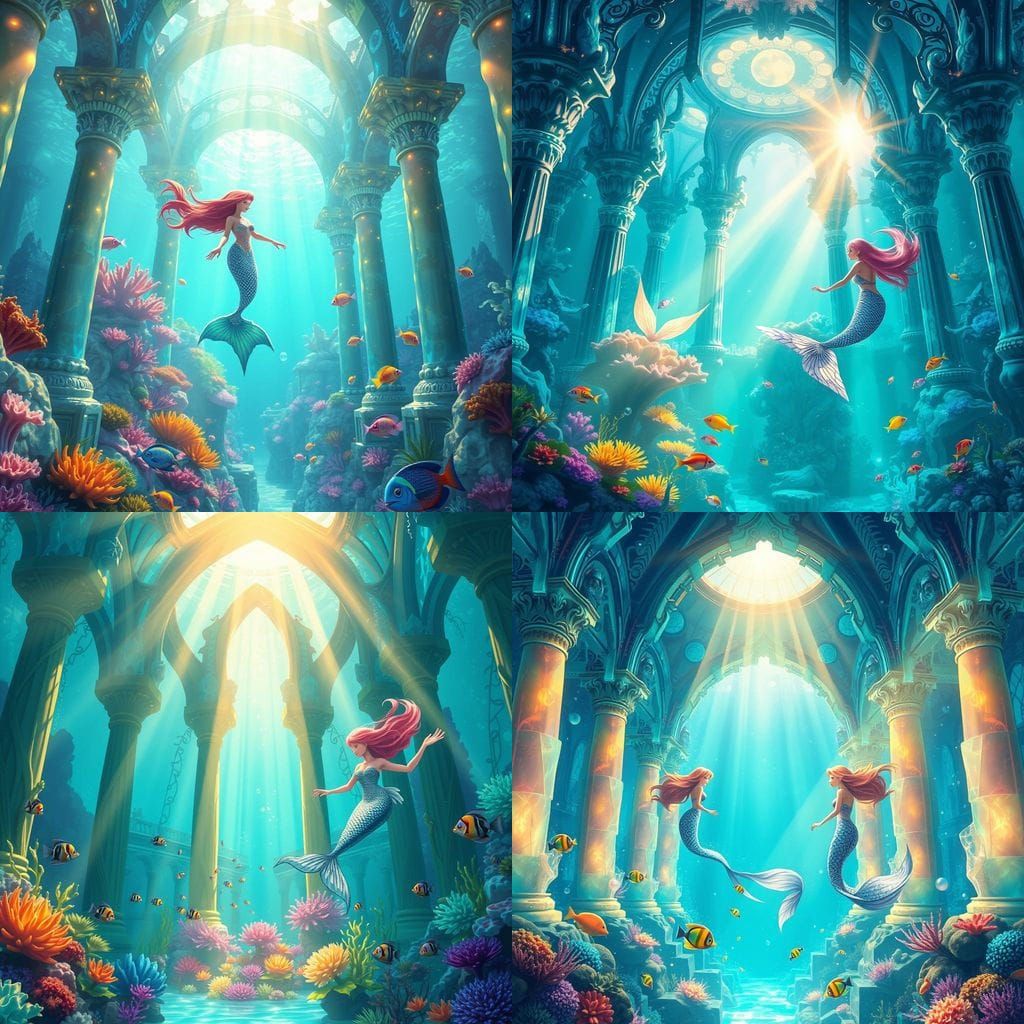 An ethereal underwater crystal palace with iridescent architecture ...