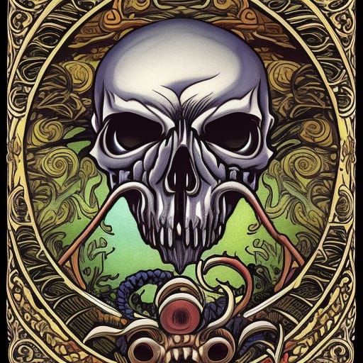 cartoon-art medieval pandemonium skull, cyber-wild. Inspired by Rodney ...