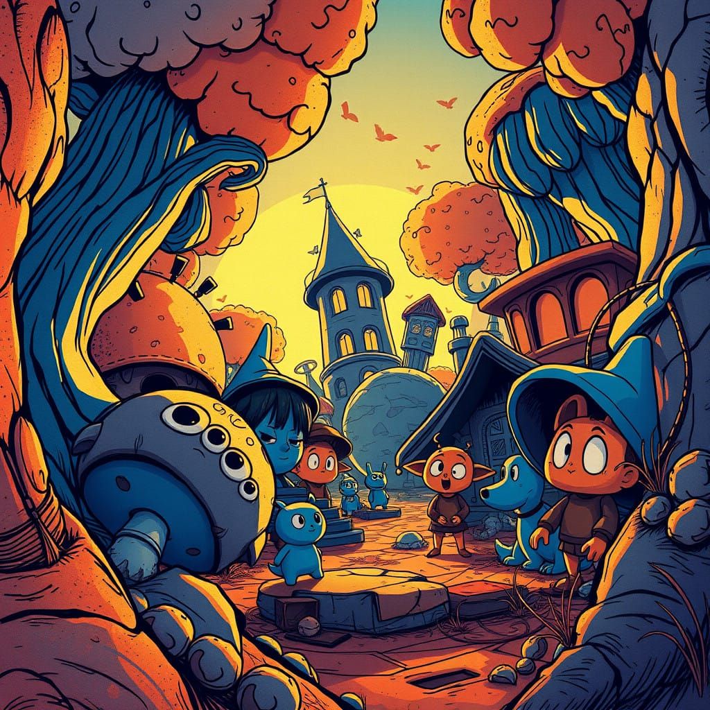 Whimsical Fantasy Comic Strip Scene in Vibrant Col... - AI Art