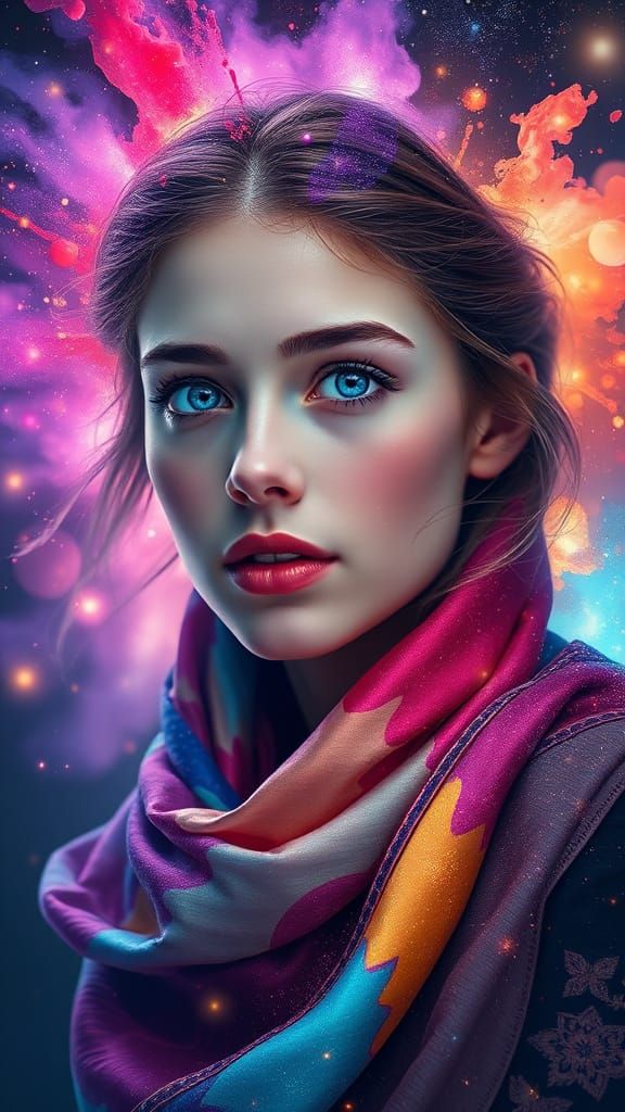 A dreamlike, ethereal portrait of a young woman with glowing blue eyes wide open, wearing a ...
