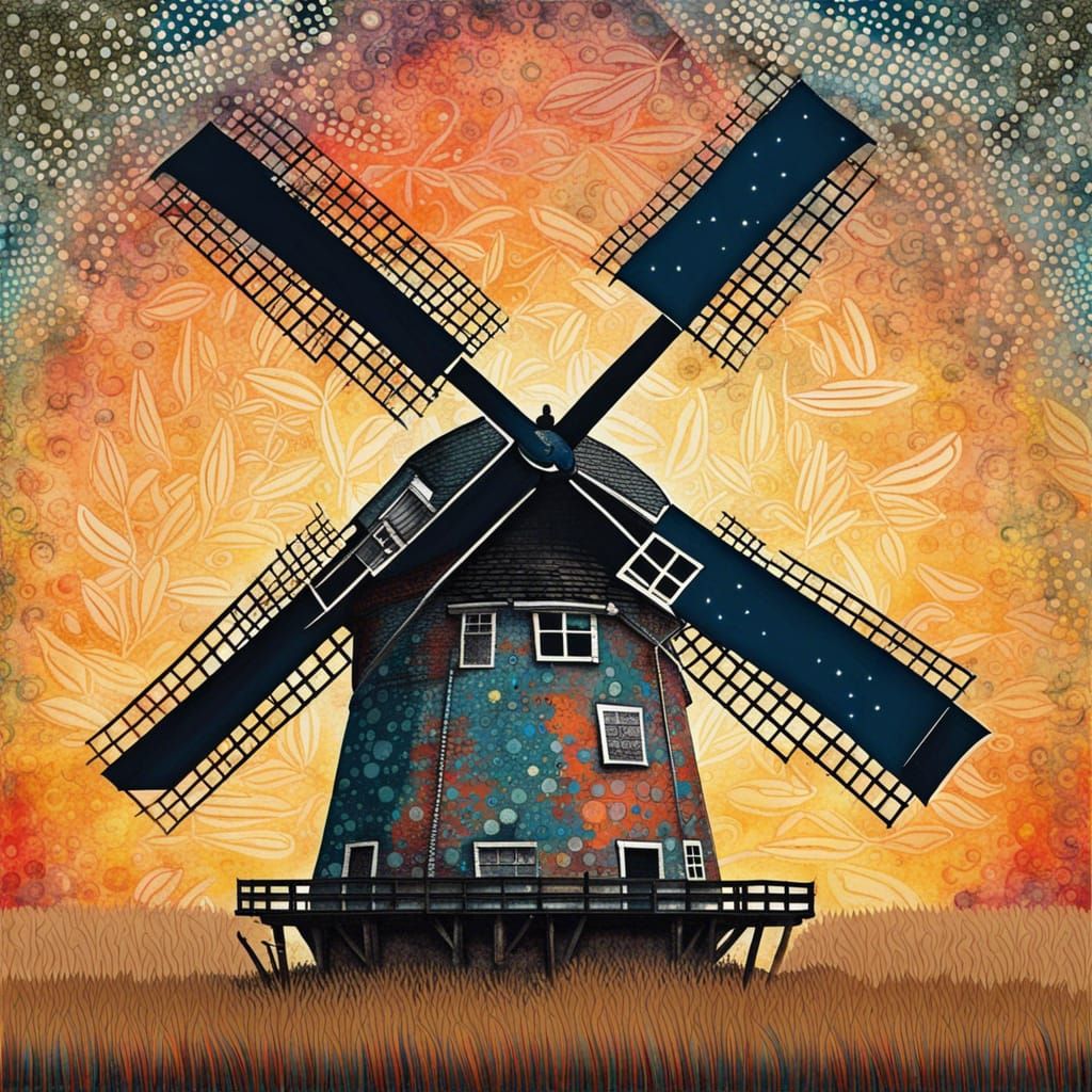 mixed media painting of a Dutch Windmill at sunset detailed abstract ...