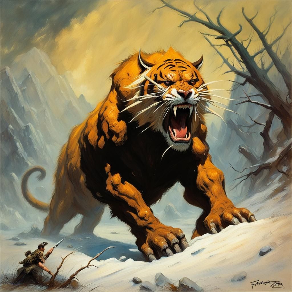 prehistoric sabretooth tiger hunting , Frank Frazetta - AI Generated ...