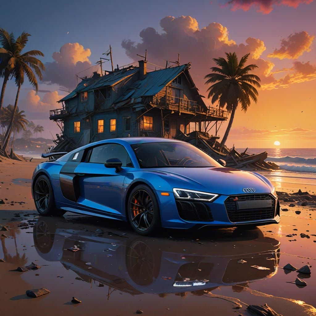 Ethereal Blue Audi R8 at Sunset on Golden Beach - AI Art