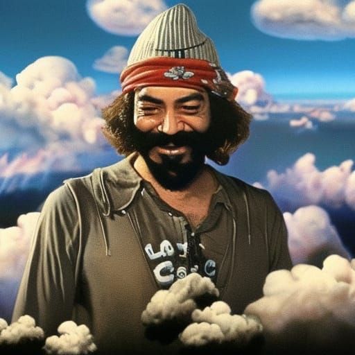 Cheech and Chong in the clouds puffing on weed - AI Generated Artwork ...