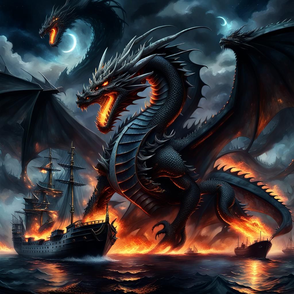 Painterly style fantasy art of large black dragon obscured by cloudy ...