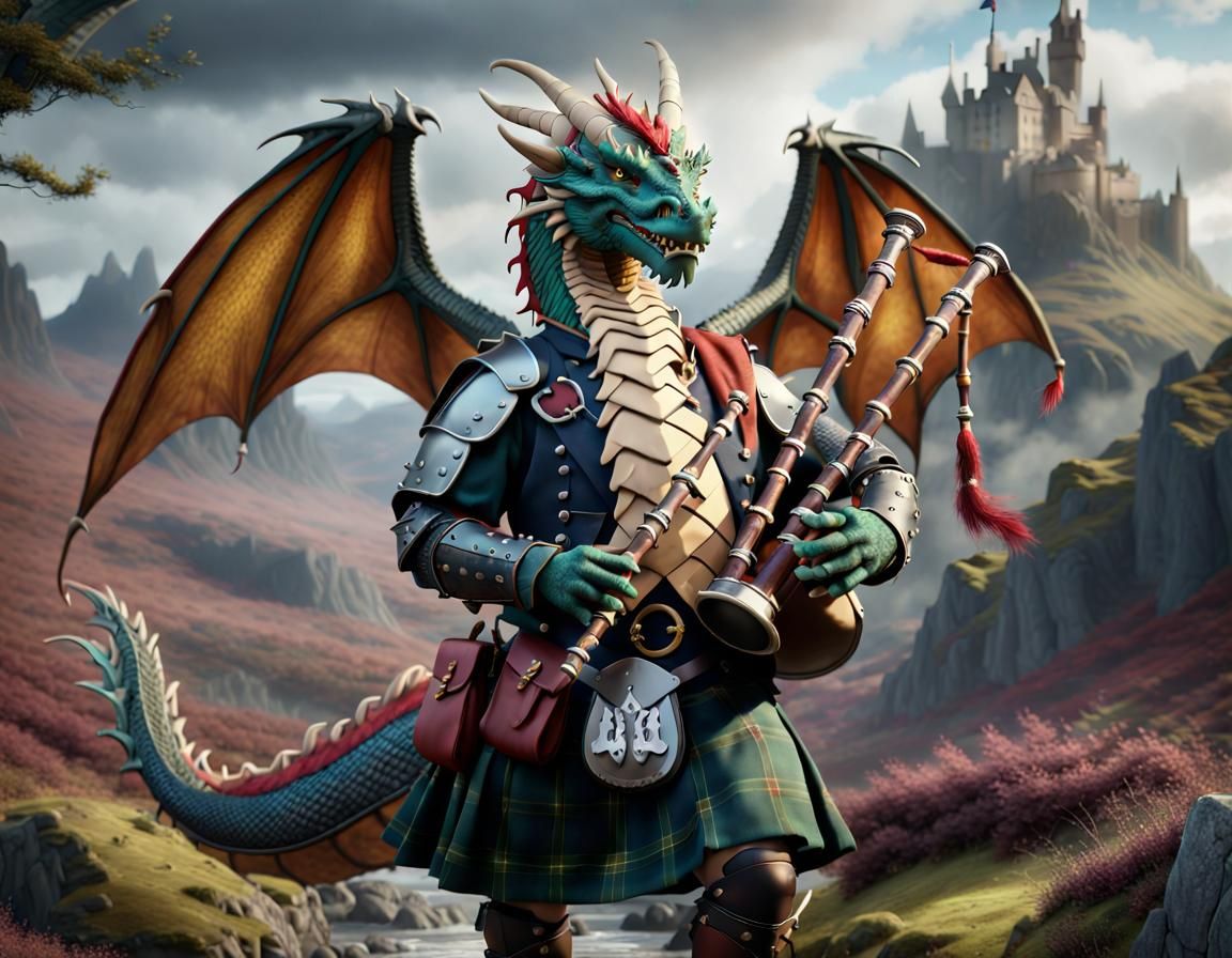 A dragon dressed up as a Scotsman playing the bagpipes. detailed matte ...
