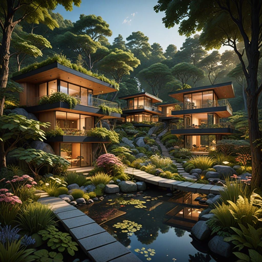 Solarpunk Valley Oasis with Miniature Homes and Lu... - AI Art