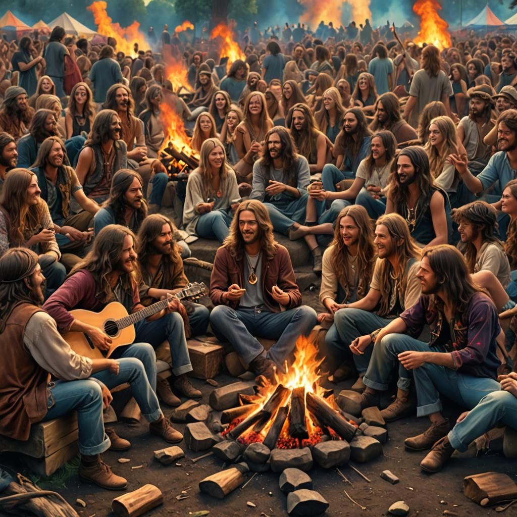Hippies at woodstock, peace signs, long hair, bellbottom jeans, colorful, sitting around ...
